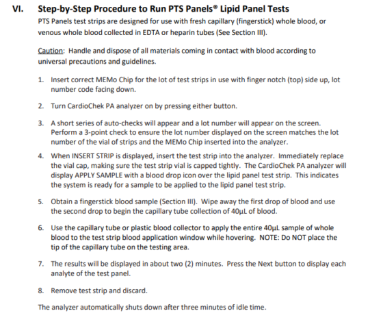 CLSI Procedure: CardioChek PA Test System/ PTS PANELS Lipid Panel Test ...